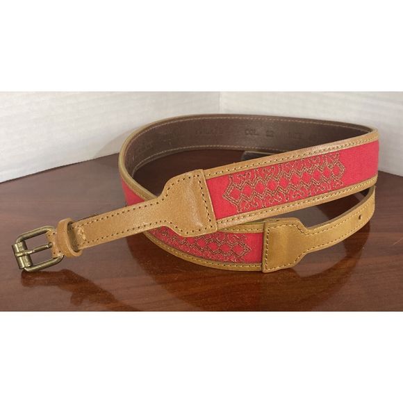 Diesel | Accessories | Diesel Tan Leather Red Fabric Belt Brass Buckle ...